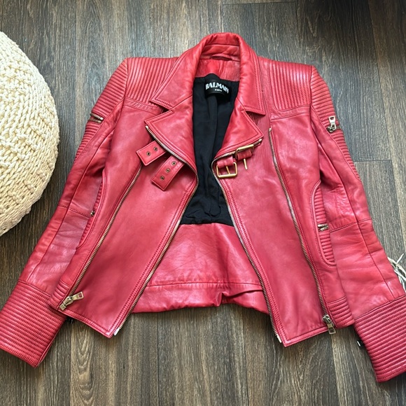 Balmain | Jackets & Coats | Balmain Red Leather Moto Jacket | Poshmark